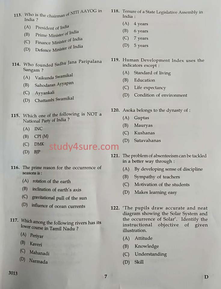 Kerala TET Category III Part 3 Social Science Exam December 2020 Question Paper Code 3013 ...